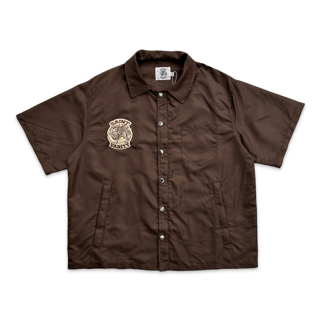 Nylon Button Zip Up Tee W/ Attachable Hood "Brown"